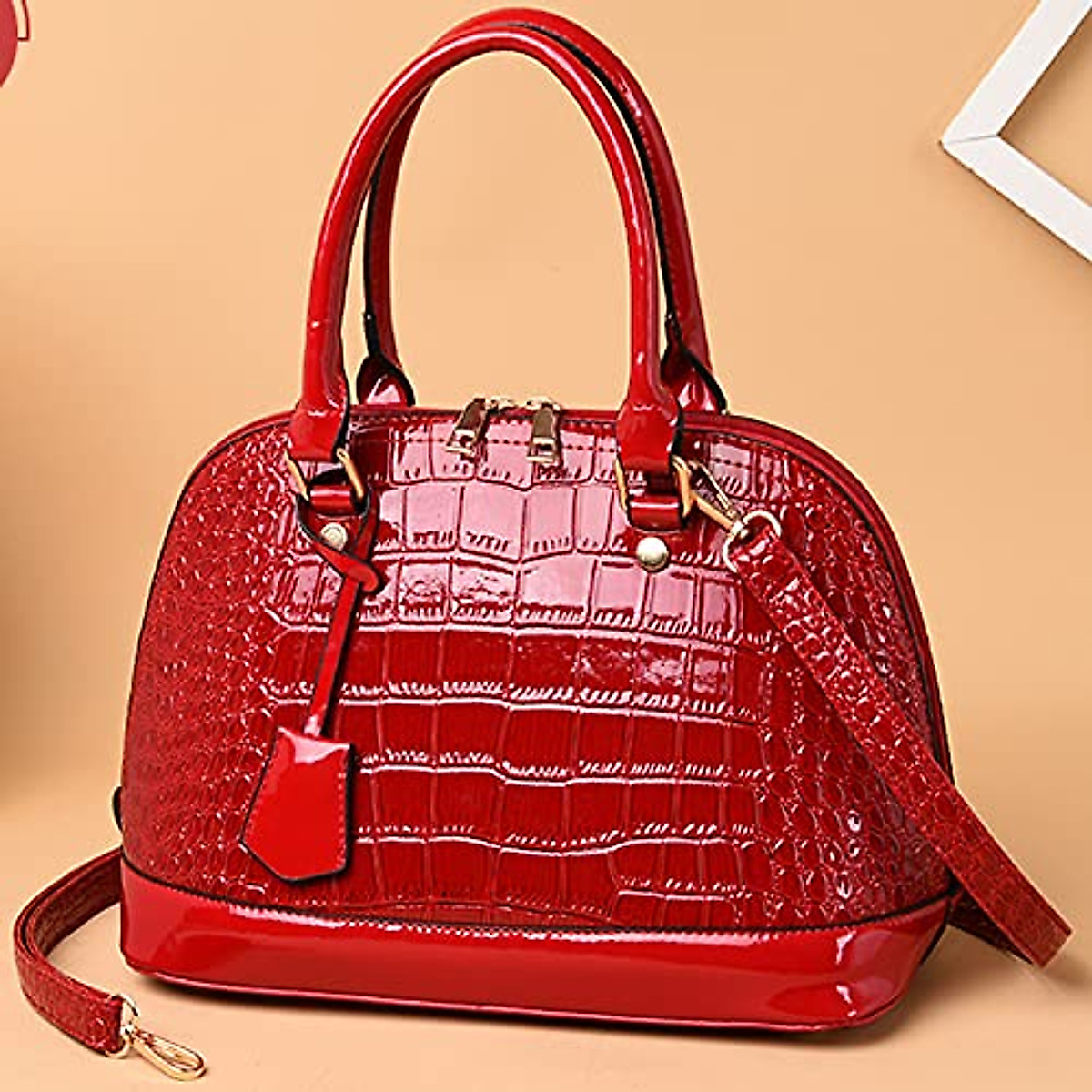 Dayfine Classic Dome Satchel Bags for Women Crocodile Pattern Faux Leather Crossbody Bags Top Handle Handbags Zipper Purse-Red