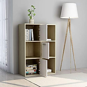 GOLINPEILO Bookcase Storage Organizer Cabinet with 3 Open Cubes and 3 Cubes with Doors, Open Sideboard Bookshelf, Modern Storage Display Cabinet, 23.6"x11.6"x35.4", White and Sonoma Oak