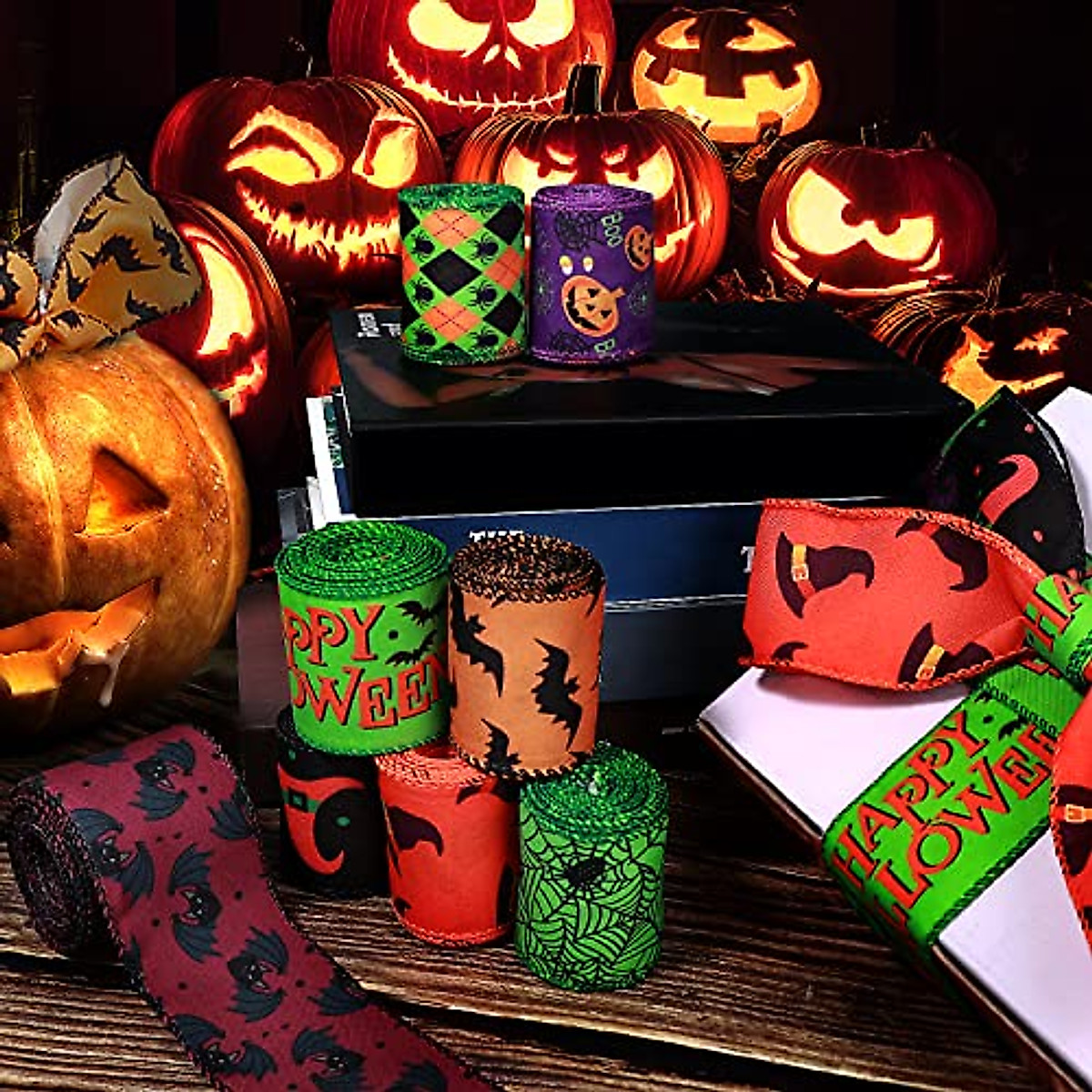 8 Rolls Halloween Ribbon Printed with Spotted Purple Spider Webs Pumpkin Bats Pumpkin Spider Webs, 80 Yards(8 Roll x 5 yd) * 2.5 inch Grosgrain Ribbon for Halloween Wreath DIY and Party Decor.