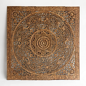 Queen Mandala Head Board Wood, Carve Wall Art Hanging, Reclaim Teak Medallion Panels, Weathered Brown Stain Finishing, 60 inches