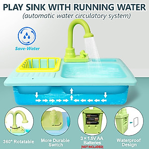 XINGYING Play Sink with Running Water, Kitchen Sink Toys for Toddlers w/Automatic Water Cycle System, Dish Rack, Cutting Food, Utensils Tableware Accessories, Kids Sink Pretend Play for Boy Girls