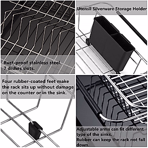 SANNO Expandable Dish Drying Rack Over The Sink Dish Drainer Dish Rack in Sink or On Counter with Utensil Silverware Storage Holder, Rustproof Stainless Steel