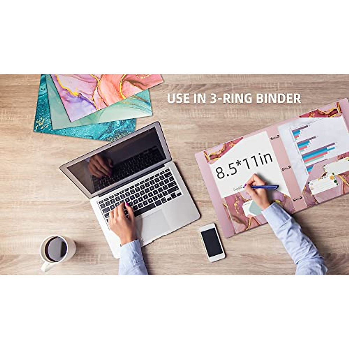 Ospelelf Folders with Pockets, Waterproof Plastic Folder with Two Fixed Corner Tabs and 2 Pockets Includes Business Card Slot, Includes Sticker, Fits 3 Ring Binder Holds 11" x 8.5", 6-Pack