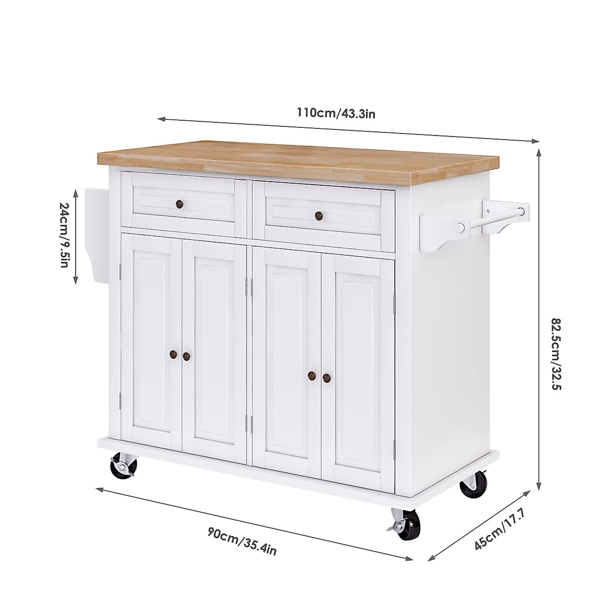 43“ Rolling Mobile Kitchen Island Cart on Wheels with Drawers, Storage Cabinet, Rubberwood Countertop and Spice/ Towel Rack, Adjustable Shelves, White