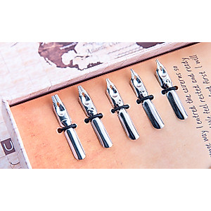 Quill Pen and Ink Set Turkey Feather Pen with 5 Steel Replacement Nibs and Dip Ink Bottle in Vintage Gift Box for Antique Calligraphy - Brown