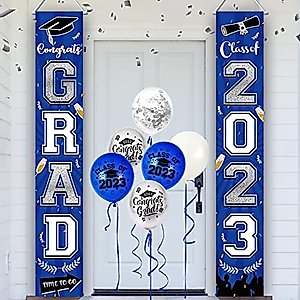 2023 Graduation Porch Sign Banner, Navy Blue and Silver Graduations Porch Sign Door Banner Class of 2023 Congrats Grad Hanging Banner Flag for High School and College Graduation Party Decorations