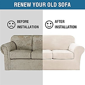H.VERSAILTEX Modern Velvet Plush 4 Piece High Stretch Sofa Slipcover Sofa Cover Furniture Protector Form Fit Luxury Thick Velvet Sofa Cover for 3 Cushion Couch, Machine Washable (Sofa,Ivory)