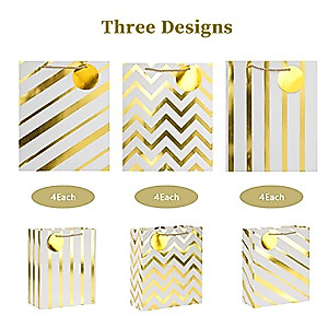 Swedin 12 Pcs Gold Gift Bags Bulk, Medium Size Gift Bags with Handles, Trendy Gift Wrap Totes with Chevron, Stripe Pattern for Birthdays, Party Favors, Holidays, Christmas-10" x 8.3" x 4"