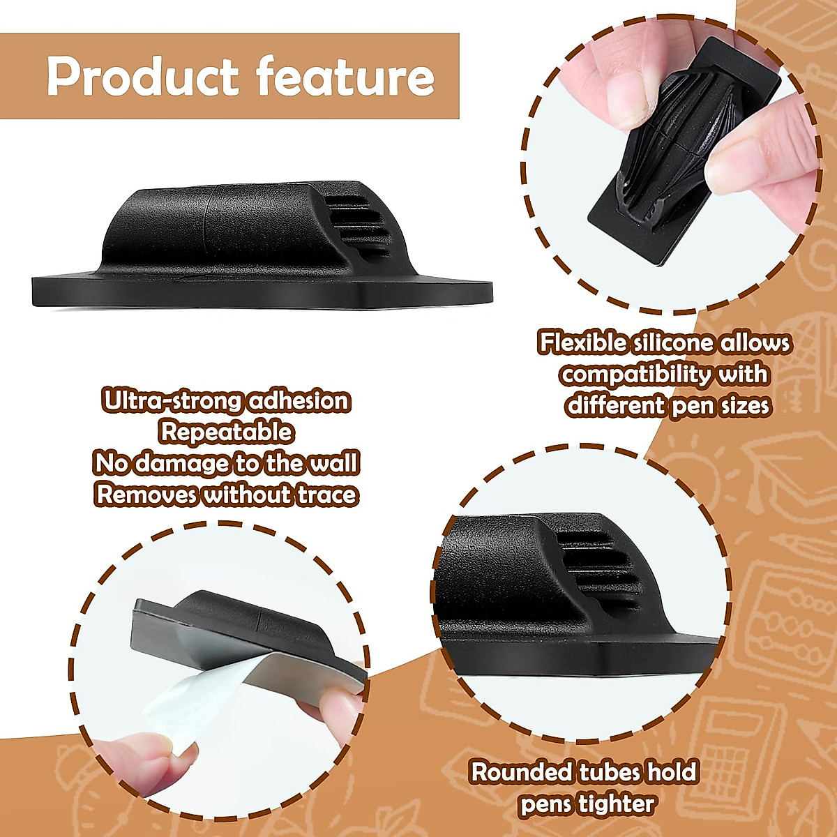 AIERSA Pencil Holder for Desk,10Pcs Pen Holders for Classroom Clipboard Attachment,Silicone Adhesive Pencil Holder for School Student Kids Desk Teacher Office Accessories