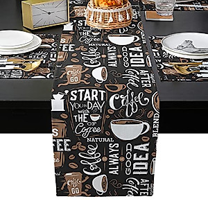 Rural Coffee Table Mats Set of 6 with Table Runner 70 Inches Long,Cotton Linen Tablerunner Burlap Kitchen Dining Placemats for Wedding/Coffee/Dress Party,Shabby Chic Esppresso Beans Cup Drinking