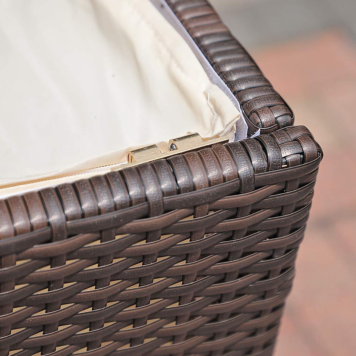 Patiorama Outdoor Wicker Storage Box Patio Aluminum Frame Espresso Brown Wicker Cushion Storage Bin Deck Box, 120 Gallon