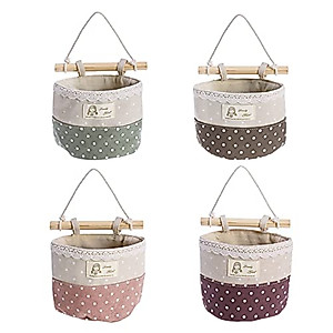 DOITOOL 4Pcs Cotton Linen Hanging Storage Basket Organizer, Washable Over The Door Hanging Storage Bag with Woven Cotton Rope Handle, Waterproof Fabric Hanging Pocket for Organizing, Free