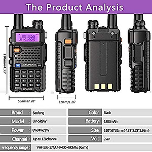 BaoFeng UV-5R 8W High Power Two Way Radio Ham Radio Dual Band Portable Radio Tri-Power Handheld Walkie Talkies with AR-771 Antenna