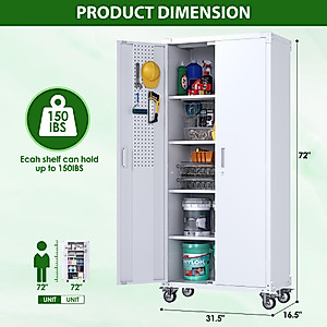 Aobabo Upgraded White Metal Storage Cabinet with Pegboard, 72In Rolling, Lockable Cabinet with 2 Doors & 4 Shelves for Office & Home， Assembly Required