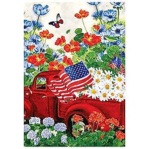 Texupday Patriotic Red Truck Celebrate The USA Double Sided America Floral Daisy Garden Flag Outdoor Yard Flag 12" x 18"