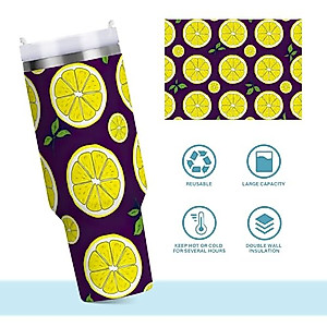 Lemon Purple Stainless Steel Insulated Tumbler with Straw and Handle for Water, Tumbler Insulated 30 OZ / 0.89 L