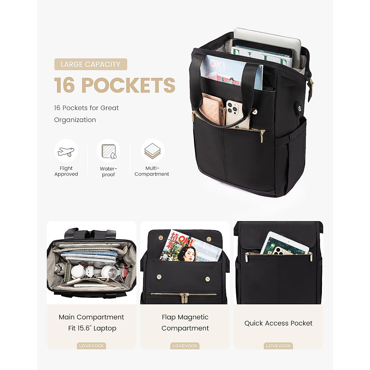 LOVEVOOK Laptop Backpack for Women Men, 17 Inch Work Backpacks Purse with USB Port, Waterproof Nurse Teacher Bag, Wide Open Business Travel Computer Backpack, Convertible College Tote Daypack