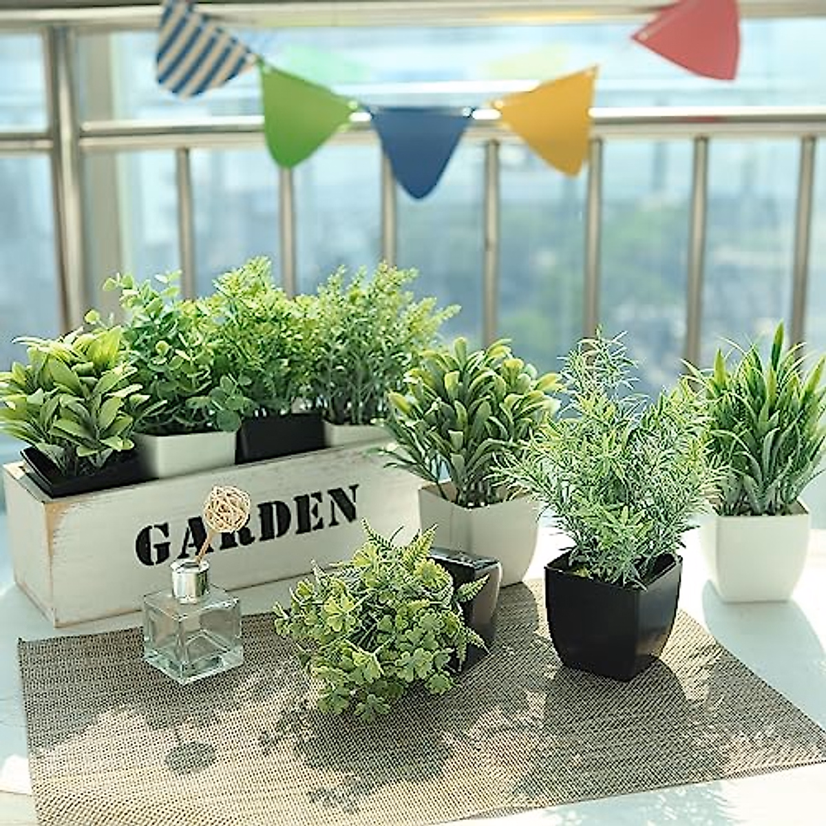 Fake Plants Mini Potted Artificial Plants, set of 8 Pack fake Plastic Eucalyptus Houseplants Greenery in Pot, Small Faux Plants Decor for Bathroom Home Office Farmhouse Desk Shelf(white,black)