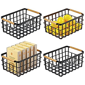 mDesign Metal Wire Food Organizer Storage Bin Basket with Bamboo Handles for Kitchen Cabinets/Pantry Organizing - Farmhouse Decor - Yami Collection - 4 Pack - Matte Black/Natural