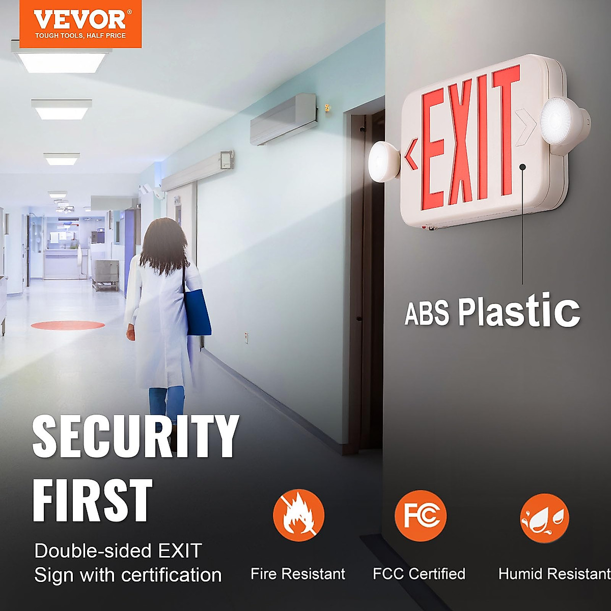 VEVOR LED Emergency Exit Sign, Dual Adjustable LED Heads, Battery-Backed Fire Exit Lighting, Red Letter Combo, Commercial Grade