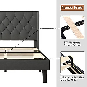 Feonase Upholstered Queen Bed Frame with Wingback, Platform Bed with Diamond Tufted Headboard, Heavy Duty Bed Frame, Wood Slat, Easy Assembly, Noise-Free, No Box Spring Needed, Dark Gray