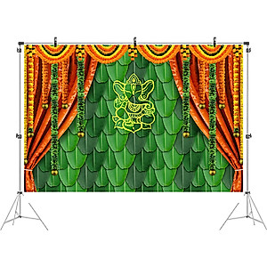 Ticuenicoa 10x7ft India Pooja Traditional Photography Backdrop Banana Leaf Green Chatiya Ganesh Background Puja Ganpati Pooja Mehndi backdrops Decorations Wedding Party Marigold Garlands Photo Props