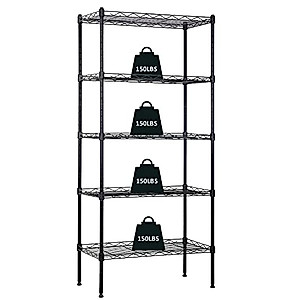 NChanmar 5-Tier Metal Shelving Unit Storage Shelves Metal Shelves 48"x21"x12" Heavy Duty Metal Storage Rack Wire Rack NSF Height Adjustable for Home Kitchen Bathroom Garage Shelving(Black)