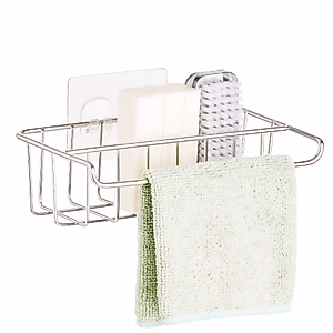 KINCMAX Adhesive Sink Organizer Sponge Holder+Dish Cloth Hanger, 2 in 1, Ideal for Removable Hanging Sink Caddy Brush Holder or Adhesive Sink Rack Dish Drainer, SUS304 Rust Proof,No Drilling