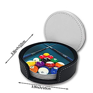 FUNCOOLCY Billiards Coasters for Drinks with Holder, Leather Coasters Set of 6, Round Cups Mugs Mat Pad for Home Kitchen