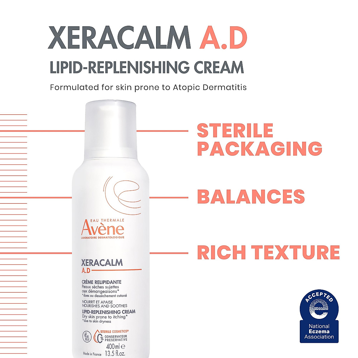 Avene XeraCalm A.D Lipid-Replenishing Cream, Atopic Dermatitis, Eczema-Prone, No Preservatives, Fragrance-Free, 6.7 Oz