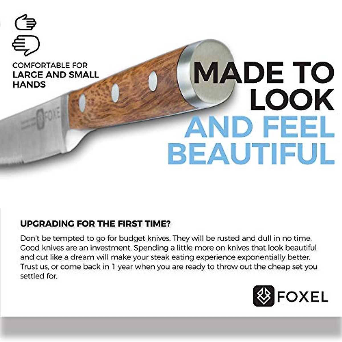 FOXEL Best Serrated Steak Knives Knife Set of 4, 8, or 12 Piece w/Covers - Heavy Duty Restaurant Quality - German Stainless Steel 1.4116 Blade - Natural Sandal Wood Full Tang Handle - Hand Wash Only