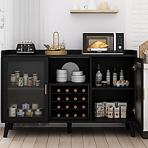Auromie Wine Bar Cabinet with Led Light, Home Coffee Cabinet with Wine and Glass Rack, Kitchen Buffet Sideboard with Storage Shelves, Freestanding Liquor Cabinet for Living Room, Dining Room (Black)