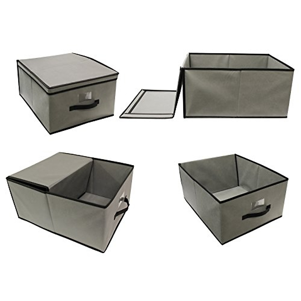 EarthWise Storage Bin Basket Box Collapsible Container Foldable Stackable Fold Flat Shelf Cabinet with Lid Cube Organizers (Set of 3) 1 Large 2 Medium (Black/Grey)