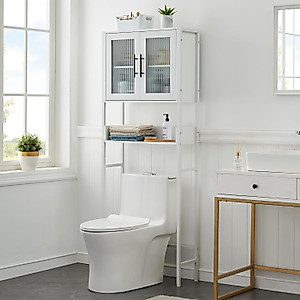 coucheta Over The Toilet Storage Cabinet with Glass Doors, Bathroom Above Toilet Storage Cabinet with Adjustable Shelves, Large Capacity Bathroom Organizer, White