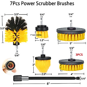 Drill Brush Attachment Set, 7 Pack 1/4in Power Scrubber Brush + Extend Long Attachment, Brush Drill Attachment, Power Cleaning Scrub Brush for Bathroom, Tub, Tile, Corner, Floor