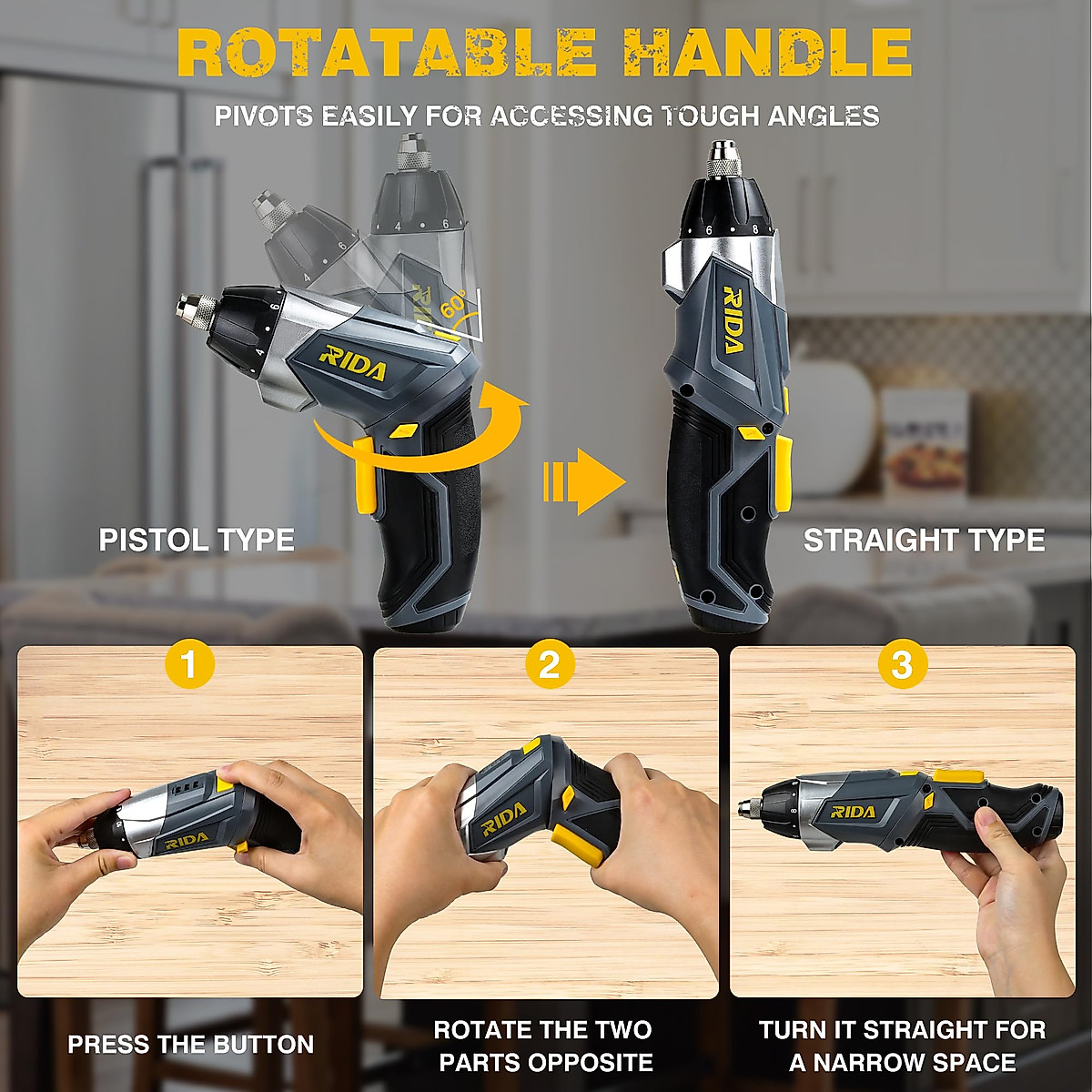 RIDA Cordless Screwdriver 4V Electric Screwdriver Rechargeable Screw Gun Kit w/10+1 Torque & 2 Position Handle, 3 LED work indicator & LED flashlight, 58pcs Accessories and Tool Box New Year presents