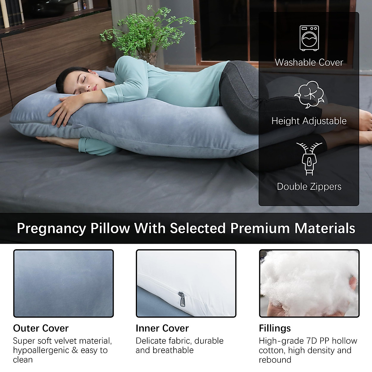 MOON PARK Pregnancy Pillows for Sleeping - U Shaped Full Body Maternity Pillow with Removable Cover - Support for Back, Legs, Belly, Hips - 57 Inch Pregnancy Pillow for Women - Grey