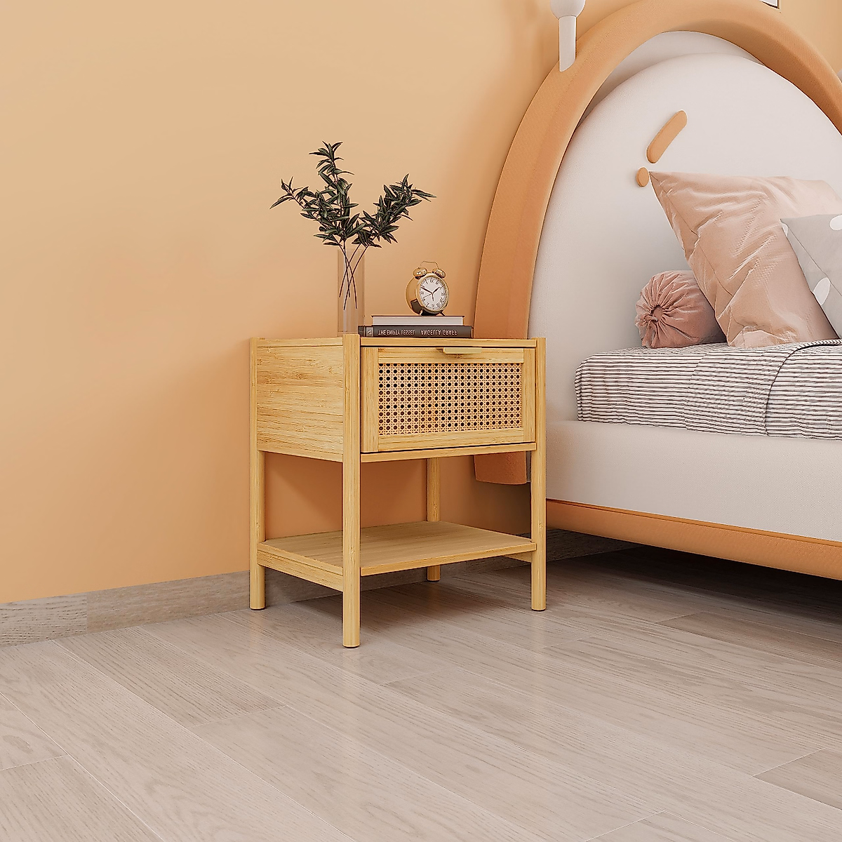 Rattan Nightstand 2 Drawer, Bamboo and Rattan Mid Century Modern Nightstand, Bedside Table Accent End Table Side Table for Bedroom, Living Room (Natural + Bamboo)