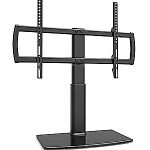 Universal Swivel TV Stand/Base Table Top TV Stand 32 to 70 inch TVs 80 Degree Swivel, 4 Level Height Adjustable, Heavy Duty Tempered Glass Base, Holds up to 88lbs Screens, HT04B-002U