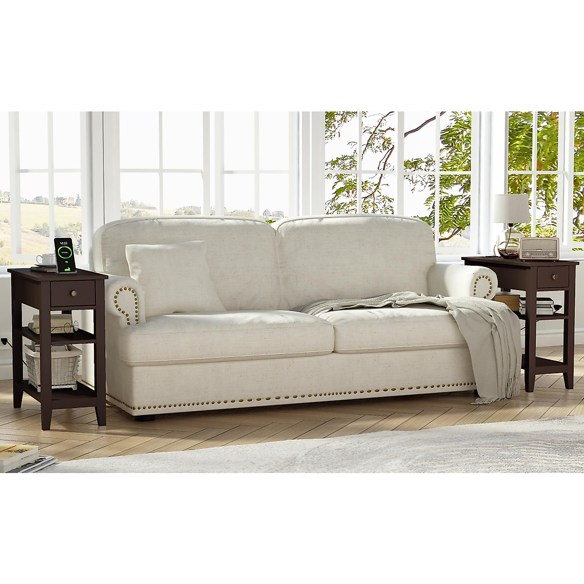 ChooChoo Narrow End Table Set of 2,Side Table Living Room with USB Ports & Power Outlets and Hidden Drawer, 3-Tier Skinny Nightstand with 2 Open Storage Shelves for Small Place(Espresso)