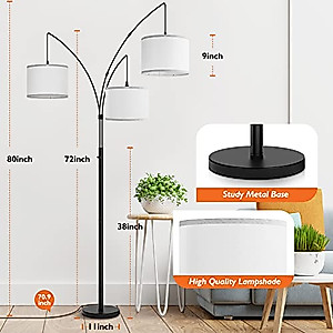 3 Lights Arc Floor Lamps for Living Room,Modern Tall Standing Lamp Hanging Over The Couch with Shades & Heavy Base,Mid Century Black Tree Floor Lamp for Bedroom Office