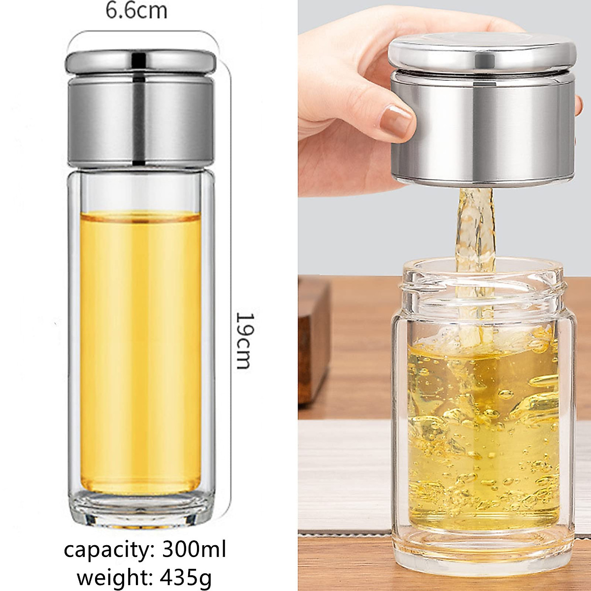LeYin double wall glass water bottle, travel cup with filter screen, tea and water separation cup for fruit loose leaf tea and cold brewing coffee (silver)