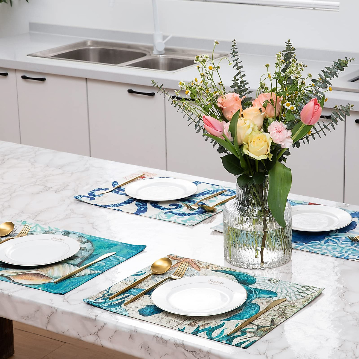 Ocean Animals Placemats Set of 4 Marine Organism Sea Horse Turtle Shell Octopus Table Mats for Dining Table 16.5x12.6 Inches