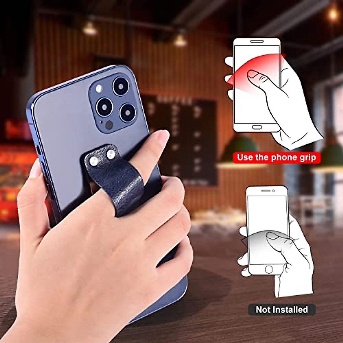 Hualing Metal Cell Phone Finger Ring Stability Holder Back Stand Collapsible Stainless Steel + Real Leather Hand Grip Universal for iPhone Samsung Galaxy Mobile (Blue), SSL
