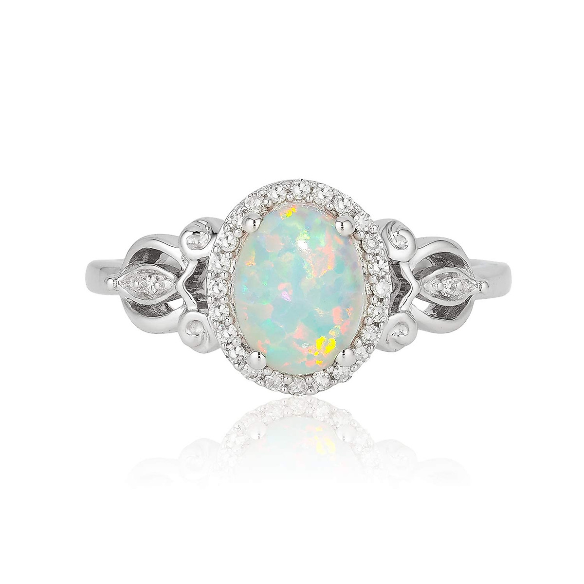 Jewelili Enchanted Disney Fine Jewelry Sterling Silver 8X6 MM Created Opal and 1/10 Cttw Natural White Round Diamond Cinderella Ring, Size 7