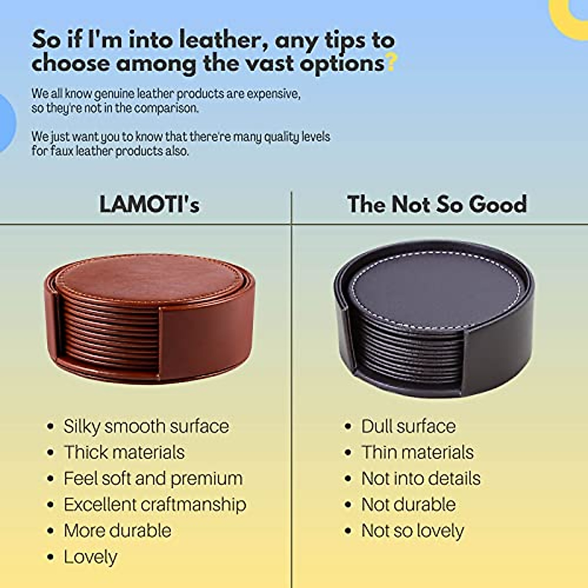 LAMOTI Leather Coasters for Drinks, 4" Drink Coasters Set of 6 with Holder for Tabletop Protection, Handmade Luxurious Home Décor and Housewarming Gift (Brown)