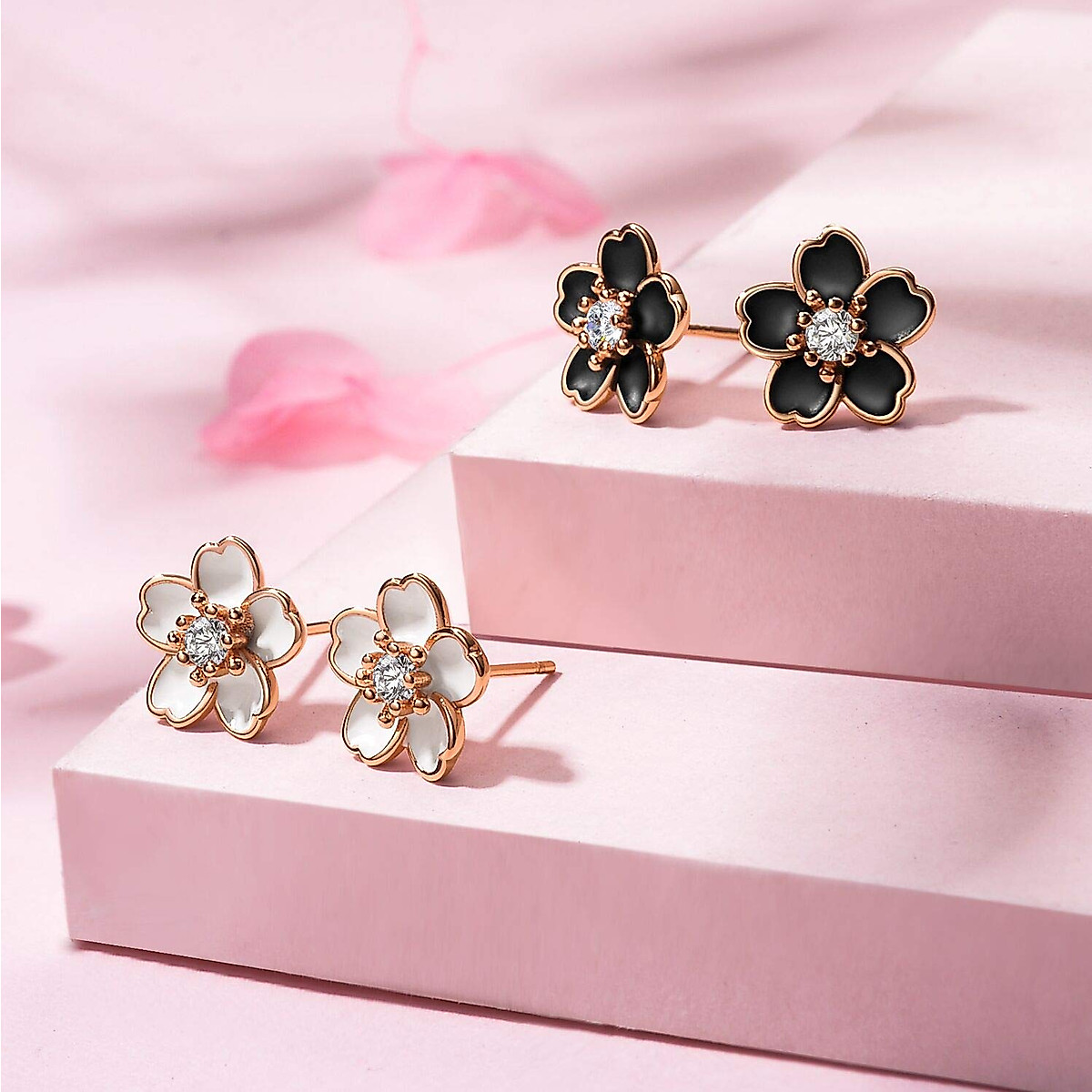 925 Sterling Silver Stud Earrings,Cute Flower Ear Studs for Women,White/Black/Rose Gold Plated, Hypoallergenic Jewelry Gift (Black)