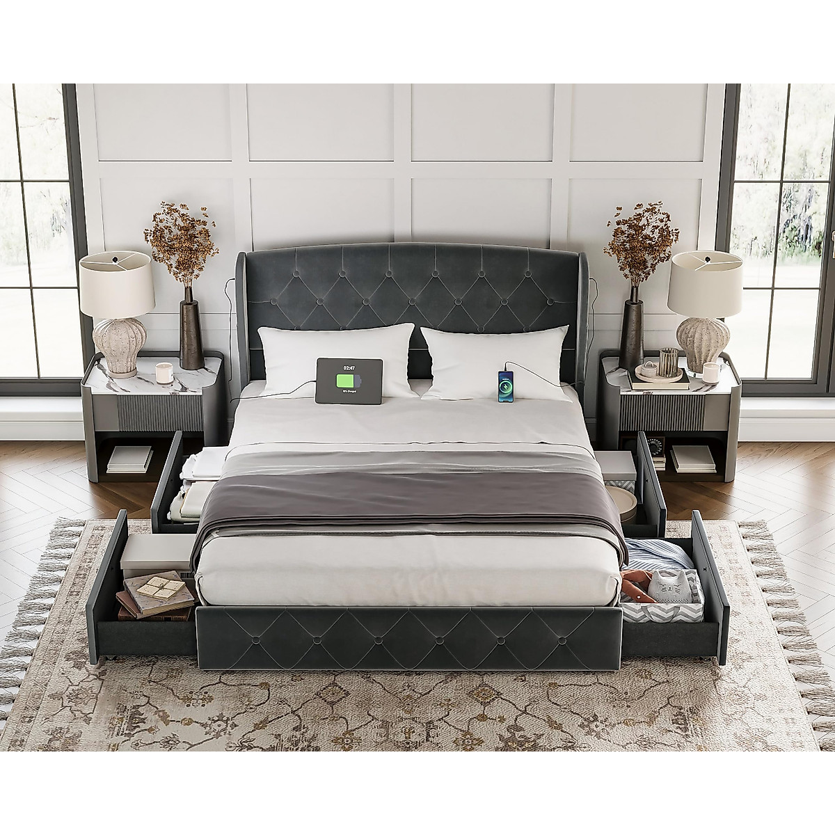 LINSY Upholstered Queen Bed Frame with 4 Drawers, RGB Lights, Fast Charger and Headboard - No Box Spring Needed, Dark Grey