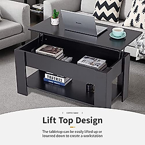 FDW Lift Top Coffee Table with Hidden Compartment and Storage Shelf Wooden Lift Tabletop for Home Living Room Reception Room Office (Black)
