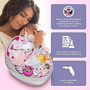 Bassinet New Baby Girl Gift Set | Unique Newborn Gift Basket Hamper for Gender Reveal | Baby Essentials for Expecting Moms & Parents | 17-Piece Baby Layette Set | Pink - Nikki's Gift Baskets